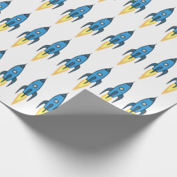 Blue Retro Rocket Ship Outer Space Birthday Boy Wrapping Paper | Zazzle