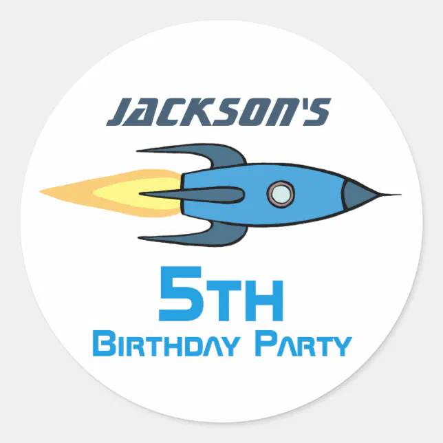 Blue Retro Rocket Ship Personalized Birthday Boy Classic Round Sticker ...