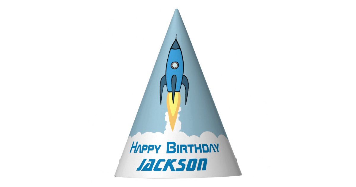 Blue Retro Rocket Ship Personalized Birthday Boy Party Hat | Zazzle