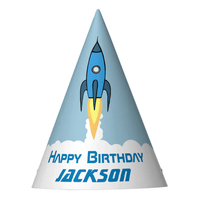 Blue Retro Rocket Ship Personalized Birthday Boy Party Hat | Zazzle