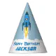 Blue Retro Rocket Ship Personalized Birthday Boy Party Hat | Zazzle