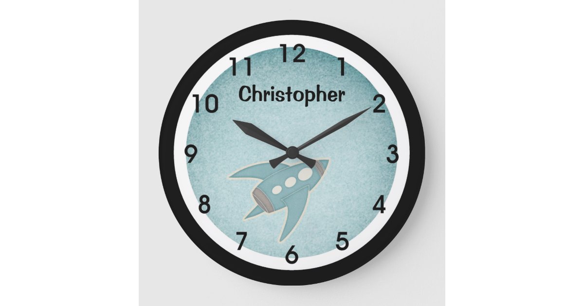 Blue Retro Space Ship Wall Clock | Zazzle