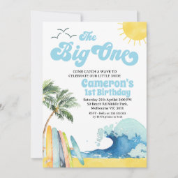 Blue Retro Wave Surf The Big One 1st Birthday Invitation | Zazzle
