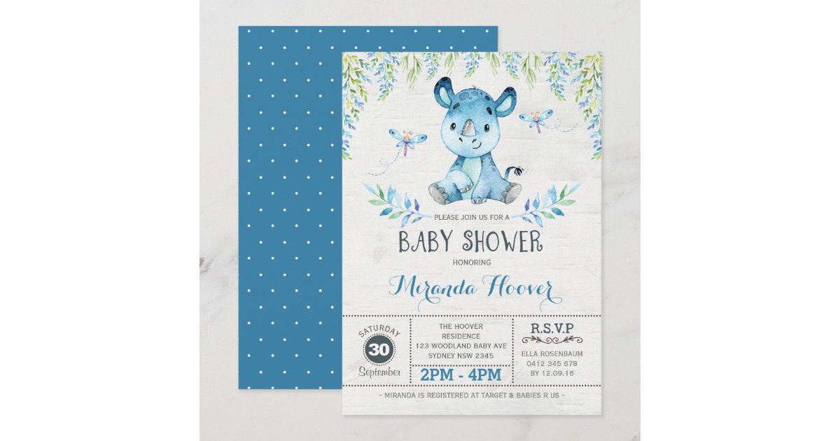 Blue Rhinoceros / Jungle Rhino Boy Baby Shower Invitation | Zazzle