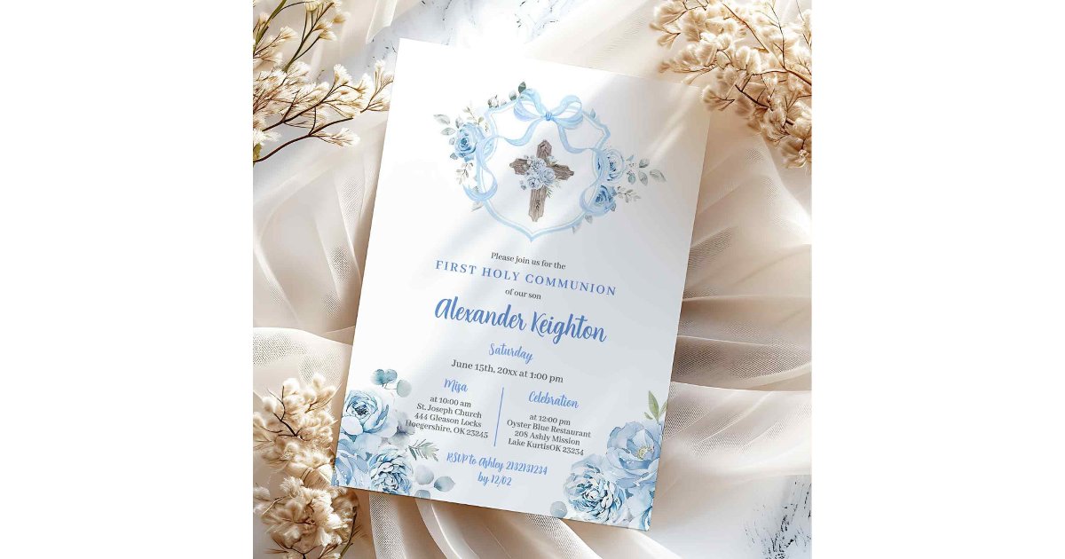 Blue Ribbon Crest First Holy Communion Invitation | Zazzle