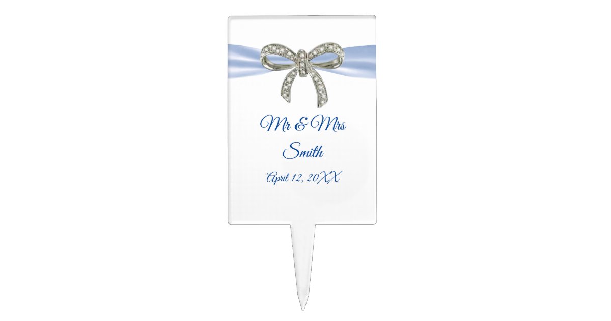 Blue Ribbon Diamond Bow Wedding Cake Topper | Zazzle