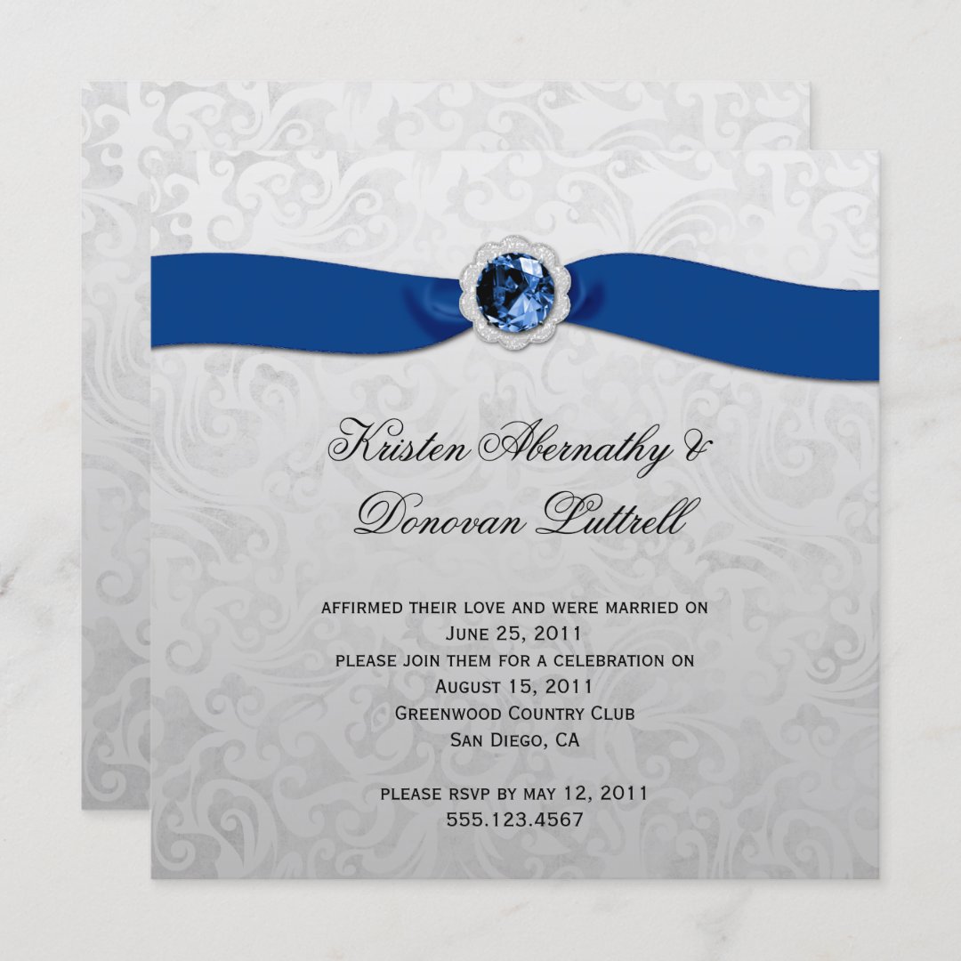 Blue Ribbon Gem Silver Post Wedding Invitation | Zazzle