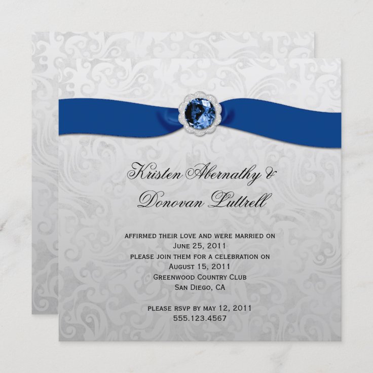 Blue Ribbon Gem Silver Post Wedding Invitation | Zazzle