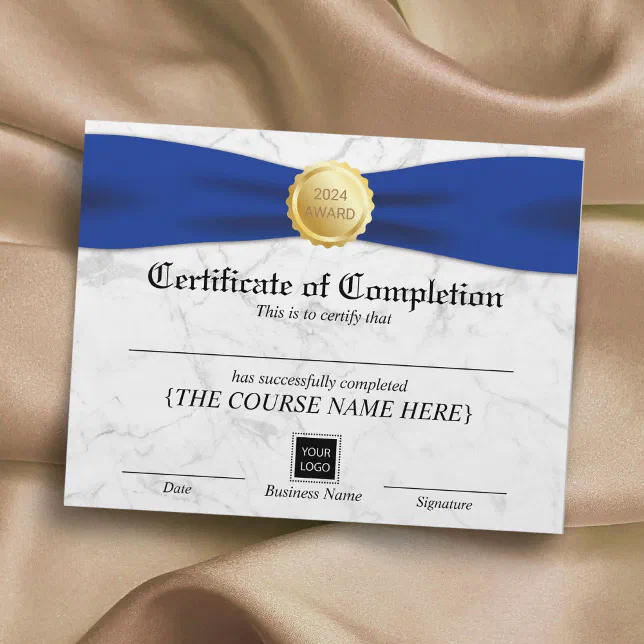 Blue Ribbon Marble Certificate of Completion | Zazzle