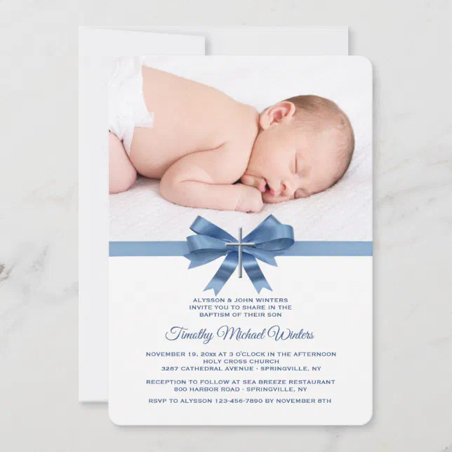 Blue Ribbon Photo Baptism Invitation | Zazzle