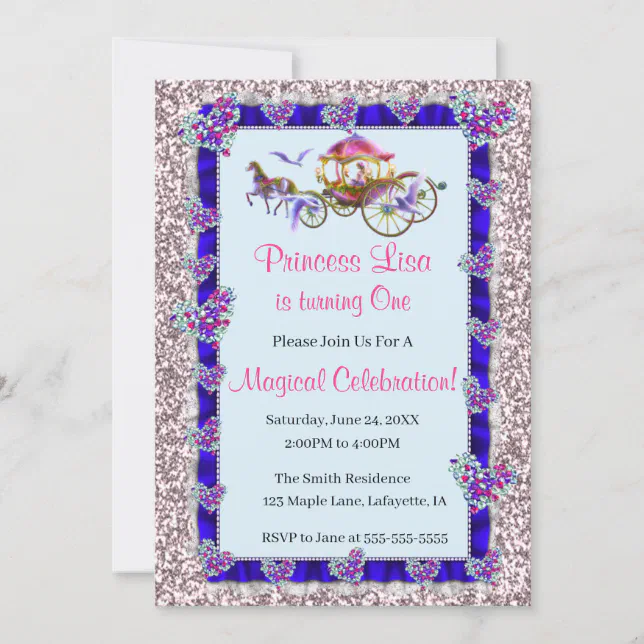 Blue Ribbon Pink Glitter Royal Princess Birthday Invitation | Zazzle