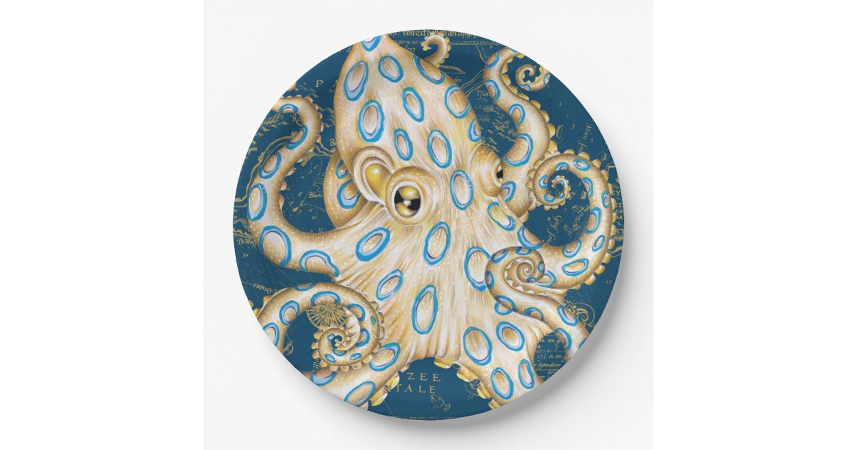 Blue Ring Octopus Indigo Vintage Map Nautical Paper Plates | Zazzle