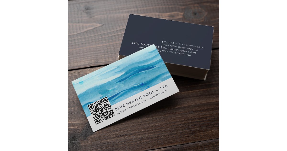 Blue Ripple | Pool Care or Swim QR Code Business Card | Zazzle