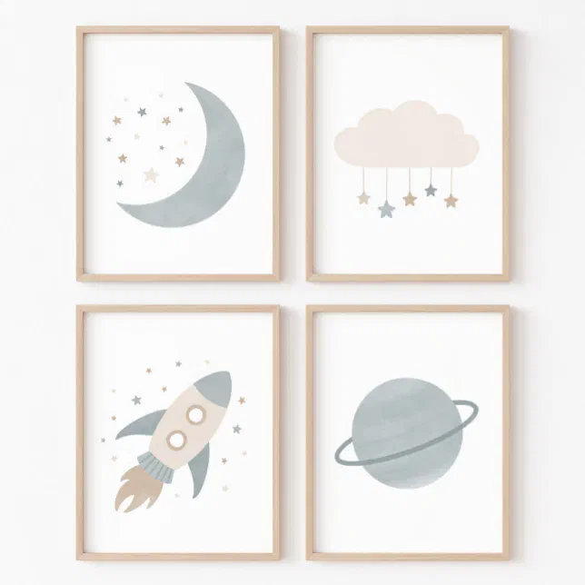 Blue Rocket Ship Moon Planet Outer Space Kids Room Wall Art Sets | Zazzle