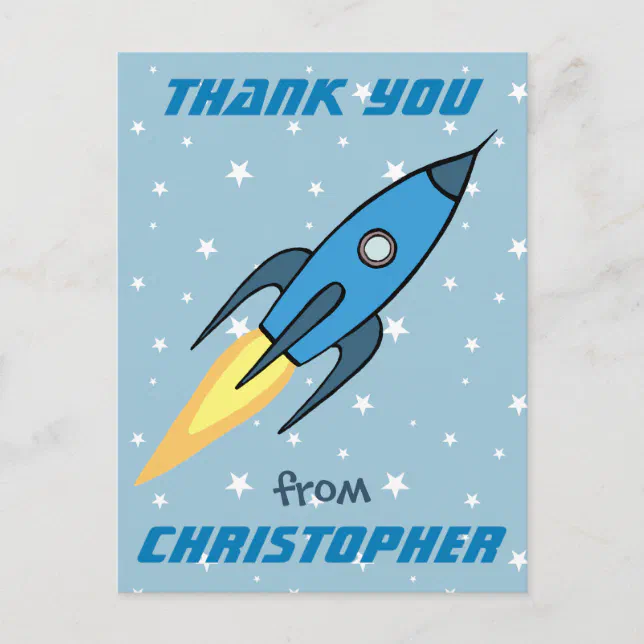Blue Rocket Ship Outer Space Kids Thank You | Boy Postcard | Zazzle