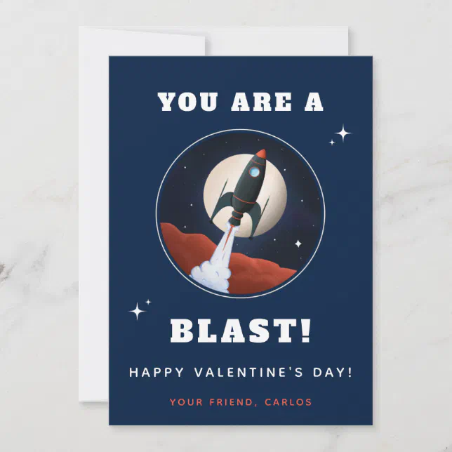 Blue Rocket Spaceship Boys Kids Valentine's Day Holiday Card | Zazzle