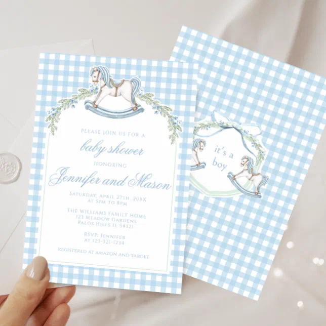 Blue rocking horse gingham boho baby boy shower invitation | Zazzle