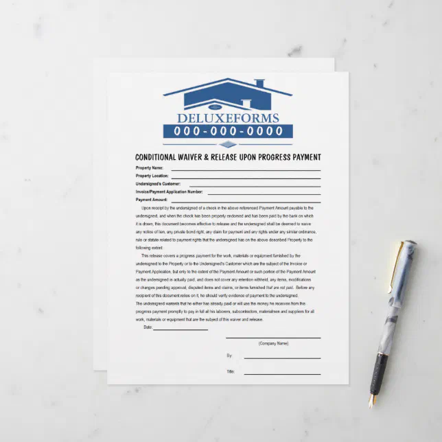 Blue Roof Conditional Waiver & Release Payment Letterhead | Zazzle