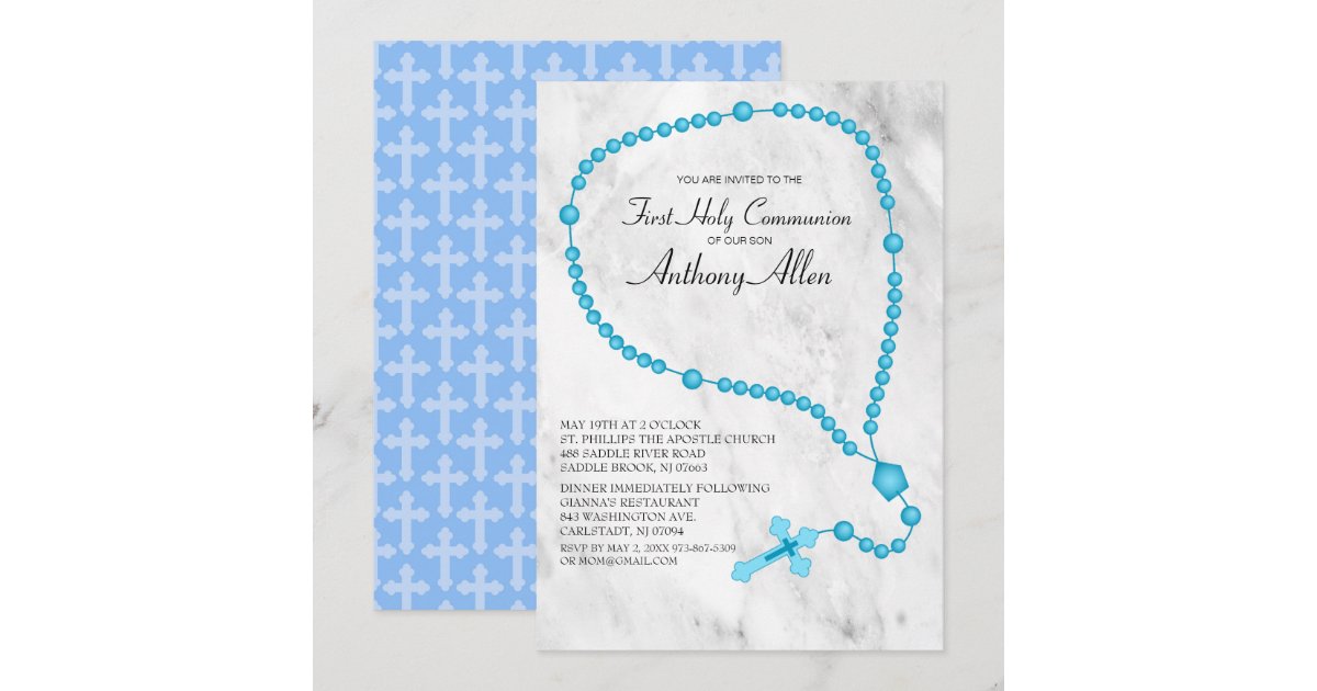 Blue Rosary Beads First Holy Communion Invitation | Zazzle