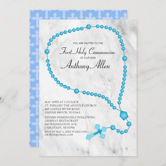 Blue Rosary Beads First Holy Communion Invitation | Zazzle.com