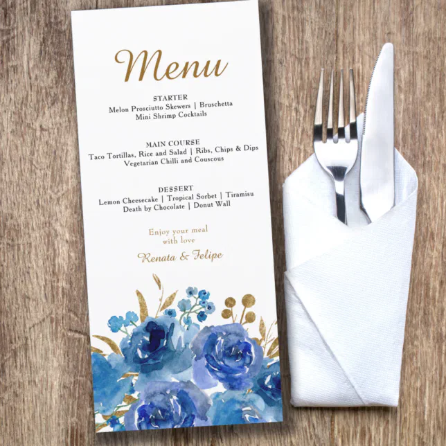 Blue Rose and Gold Leaf Editable 3 Course Menu | Zazzle