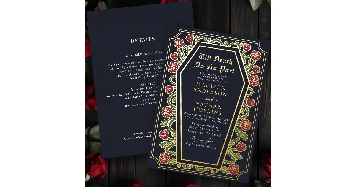Blue Rose Coffin Gothic Wedding All in one Foil Invitation | Zazzle