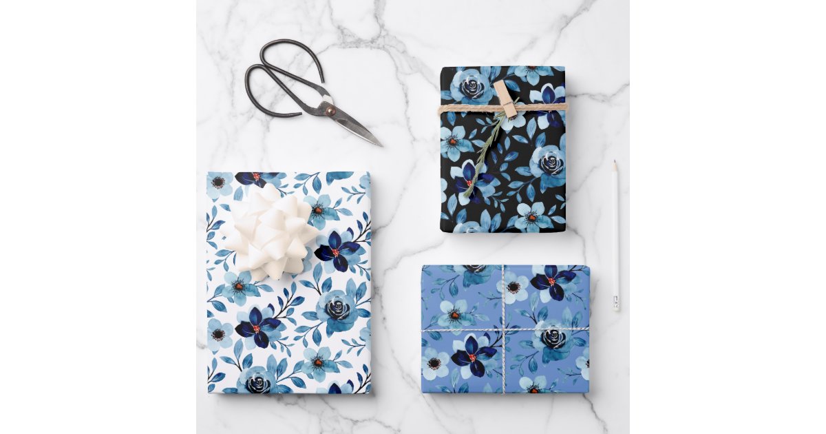 Blue rose floral daisy pattern watercolor art wrapping paper sheets ...