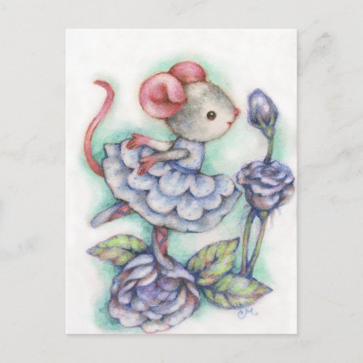 Blue Roses - Cute Mouse Art Postcard | Zazzle