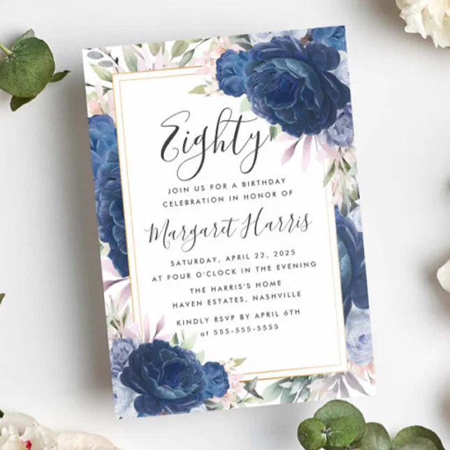 Blue Roses Floral Gold Frame 80th Eighty Birthday Invitation | Zazzle