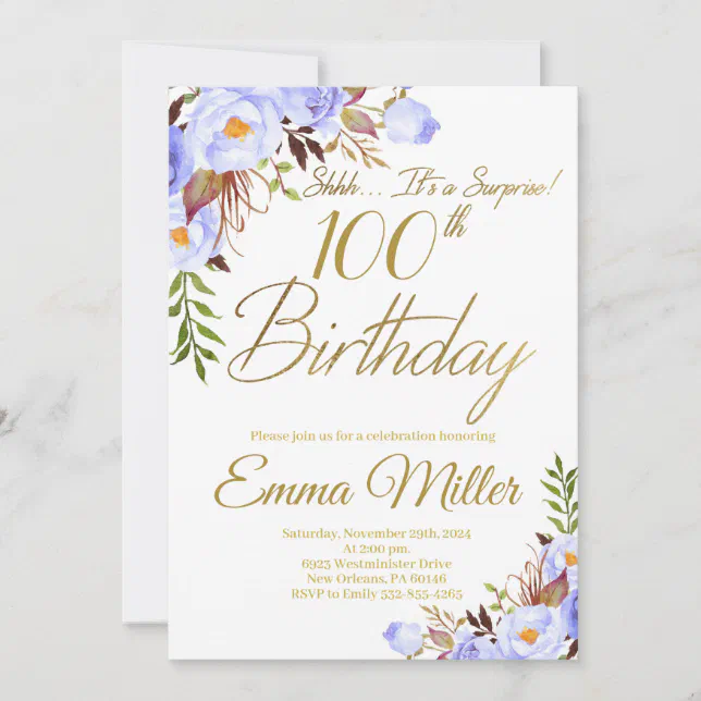 Blue Roses Floral Surprise 100th Birthday Party Invitation | Zazzle
