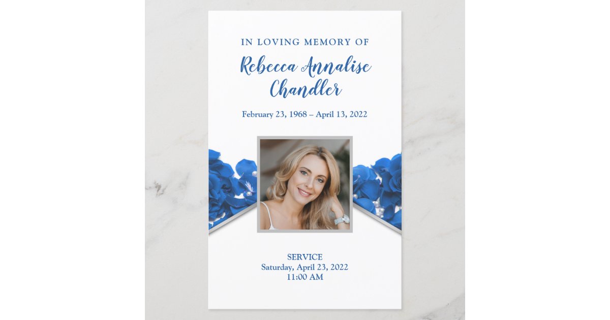 Blue Roses Funeral Memorial Card | 5.5 x 8.5" | Zazzle