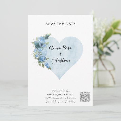 Blue Roses Heart AR6 QR WEDDING SAVE the DATE Invitation | Zazzle