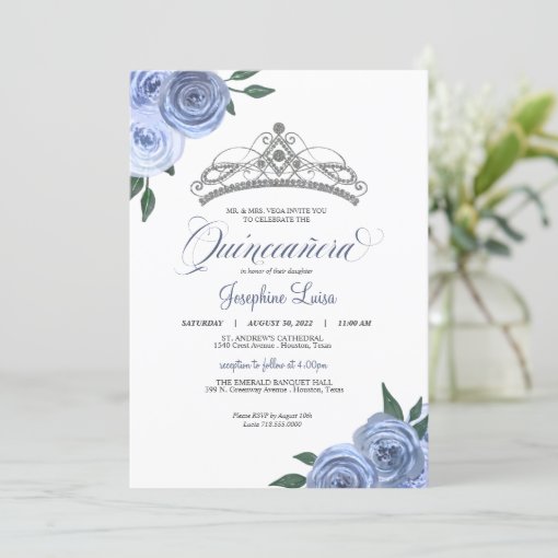 Blue Roses Silver Floral Quinceañera Birthday Invi Invitation | Zazzle