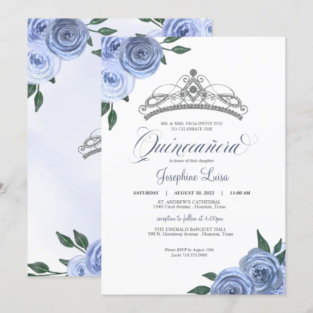 Blue Roses Silver Floral Quinceañera Birthday Invi Invitation | Zazzle