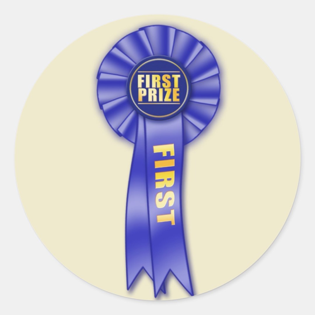 blue rosette first prize sticker | Zazzle