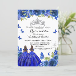 Blue Royal Floral Butterfly Twin Quinceanera Invitation | Zazzle