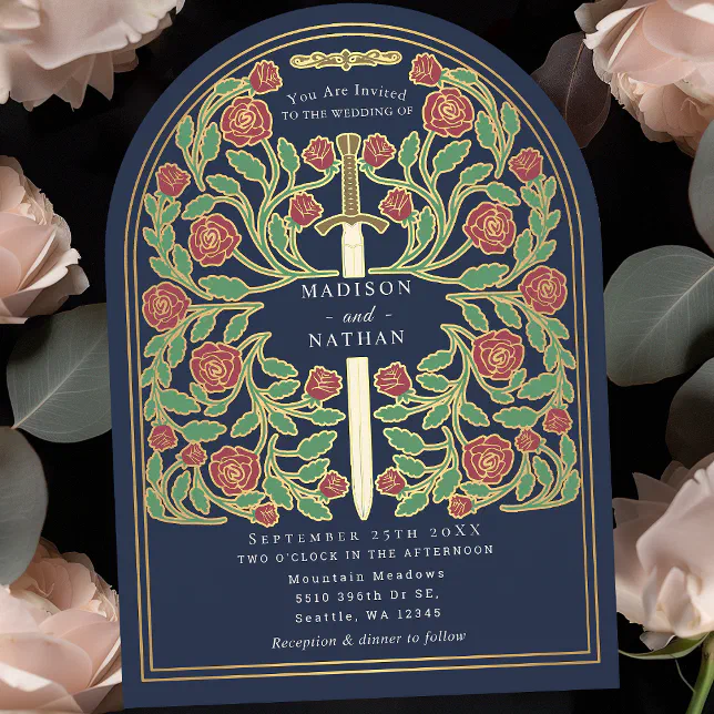 Blue Royal Medieval Sword Wedding Arch Invitation | Zazzle