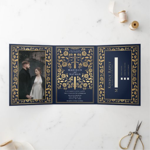 Blue Royal Medieval Sword Wedding Tri-Fold Invitation | Zazzle