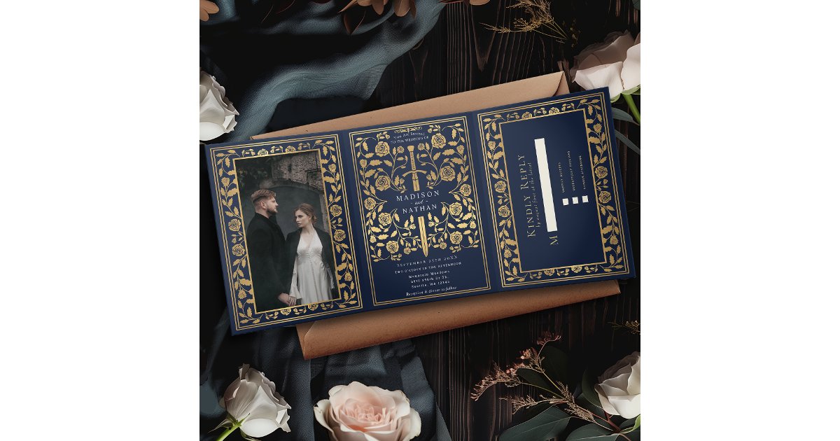 Blue Royal Medieval Sword Wedding Tri-Fold Invitation | Zazzle