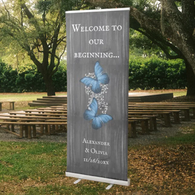 Blue Rustic Butterfly Wedding Welcome Banner | Zazzle