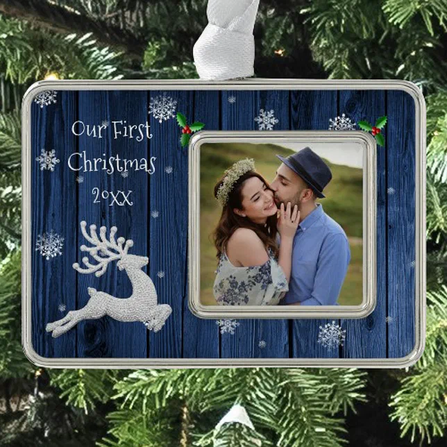 Blue Rustic Christmas Reindeer Framed First Ornament | Zazzle