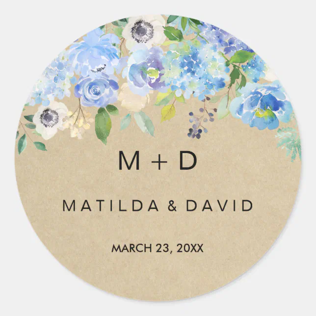 Blue Rustic Floral Wedding Sticker | Zazzle