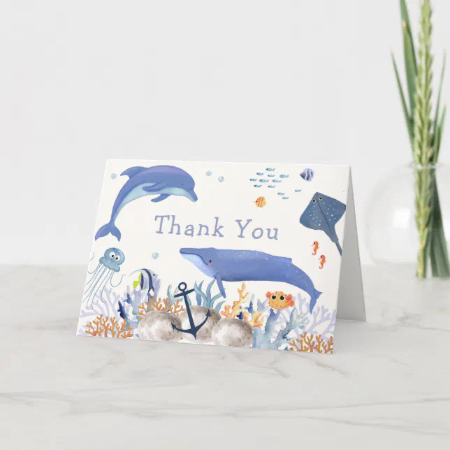 Blue Rustic Ocean Dolphin Whale Boy Baby Shower Thank You Card | Zazzle