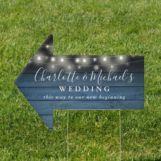 Blue Rustic String Lights Wedding This Way Arrow Sign | Zazzle