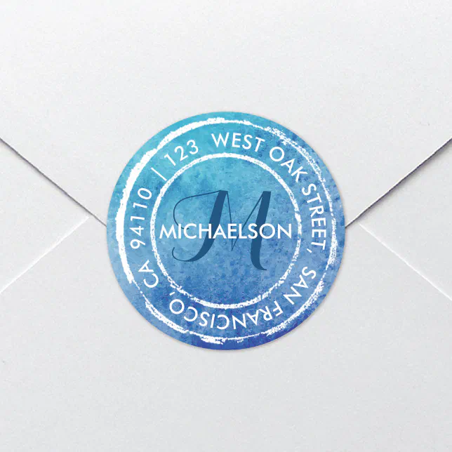 Blue Rustic Watercolor Monogram | Round Address Classic Round Sticker ...
