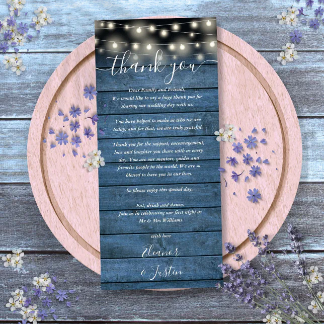 Blue Rustic Wedding Reception Thank You Place Card | Zazzle