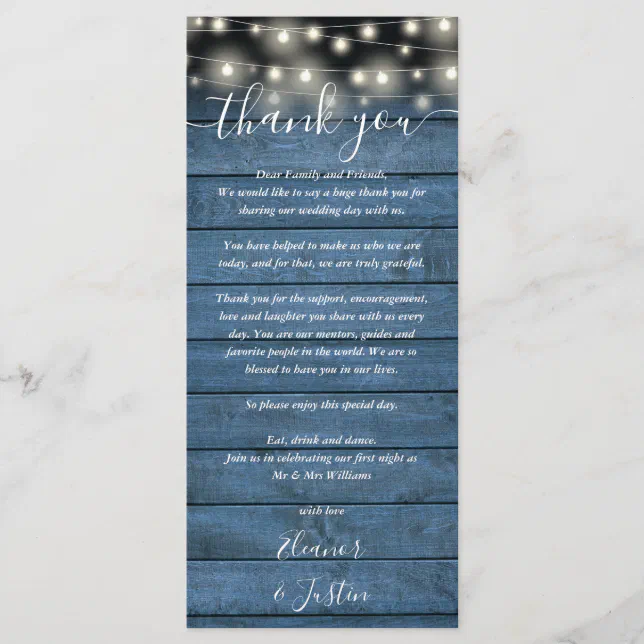 Blue Rustic Wedding Reception Thank You Place Card | Zazzle