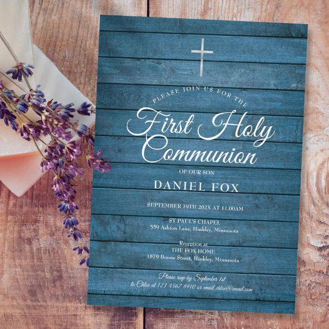 Blue Rustic Wood First Holy Communion Invitation | Zazzle