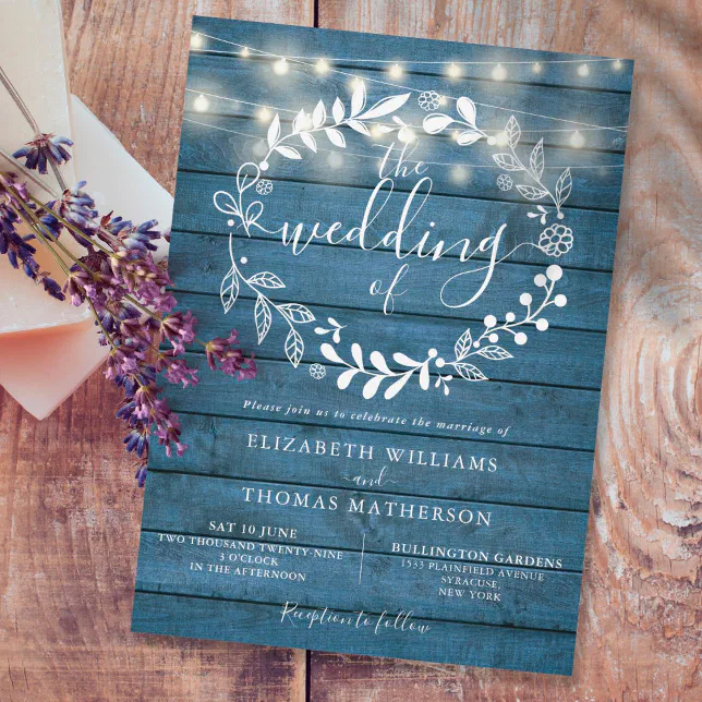 Blue Rustic Wood Floral String Lights Wedding Invitation | Zazzle
