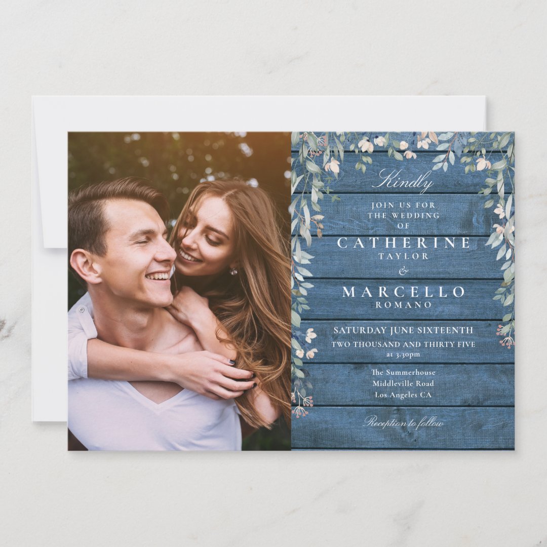 Blue Rustic Wood Floral Wildflowers Photo Wedding Invitation | Zazzle